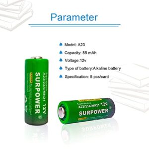 【5-Year Warranty】SURPOWER A23 23A 23AE 12v Alkaline Battery A23s -5 Pack