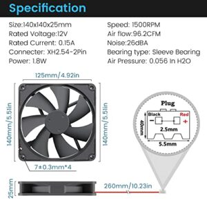 Wathai 140mm Case Fan 12V DC Brushless High Performance Cooling Fan 140x25mm