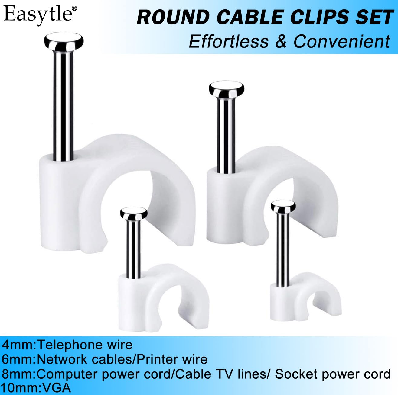 Cable Wire Clips 4mm 6mm 8mm 10mm (Pack of 200) Cable Management RG6 RG59 CAT5 CAT6 RJ45 Electrical Ethernet Dish TV Speaker Wire Cord Tie Holder Single Coaxial Nail Clamps