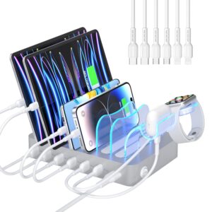 soopii premium 6-port usb charging station organizer for multiple devices, 6 short charging cables and one upgraded i-watch charger holder included, for phones,tablets and other electronics, silver