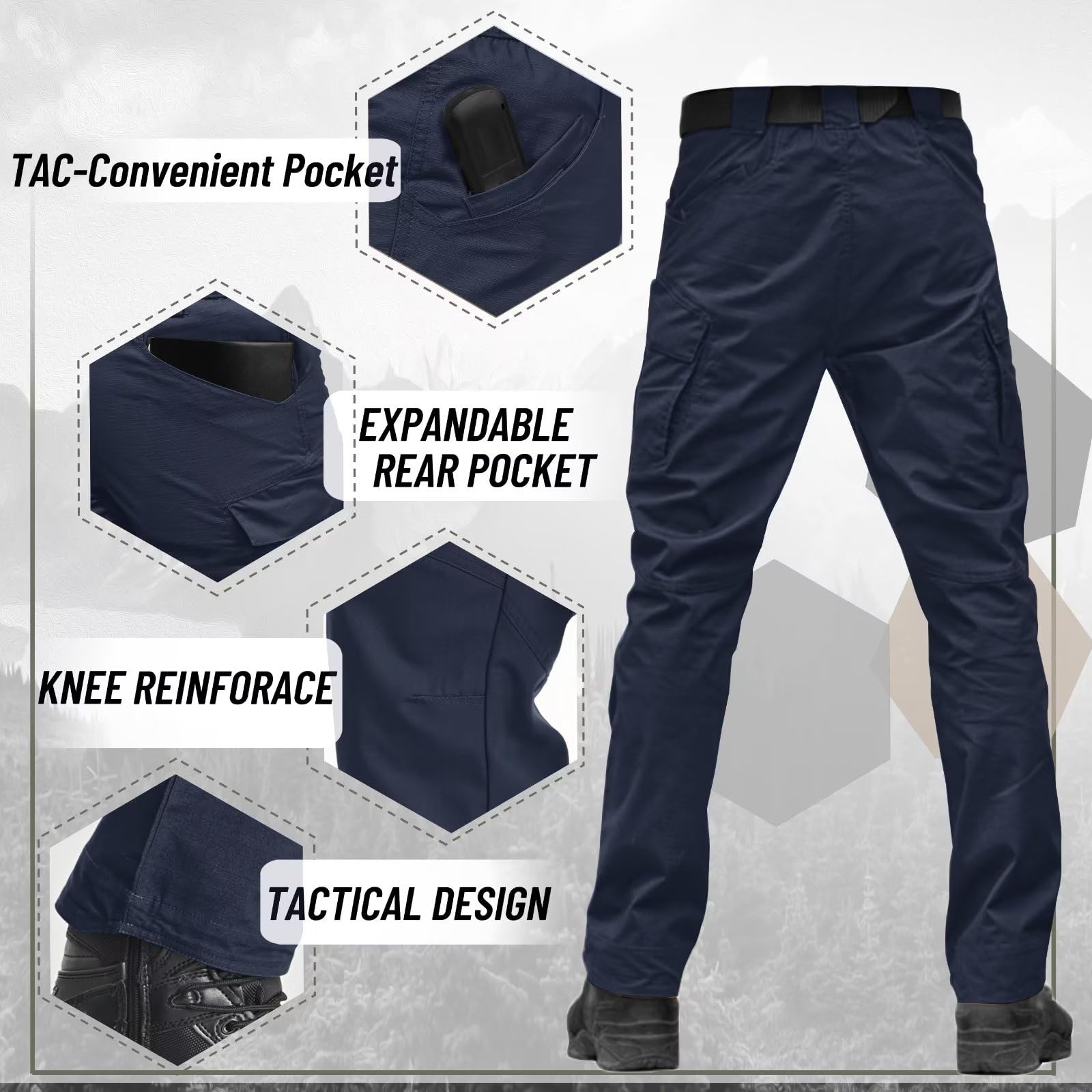 TACVASEN Military-Style Cargo Pants Waterproof Hiking Pants Men Breathable Combat Pants Shooting Pants Men Lightweight Water Resistant Pants Navy