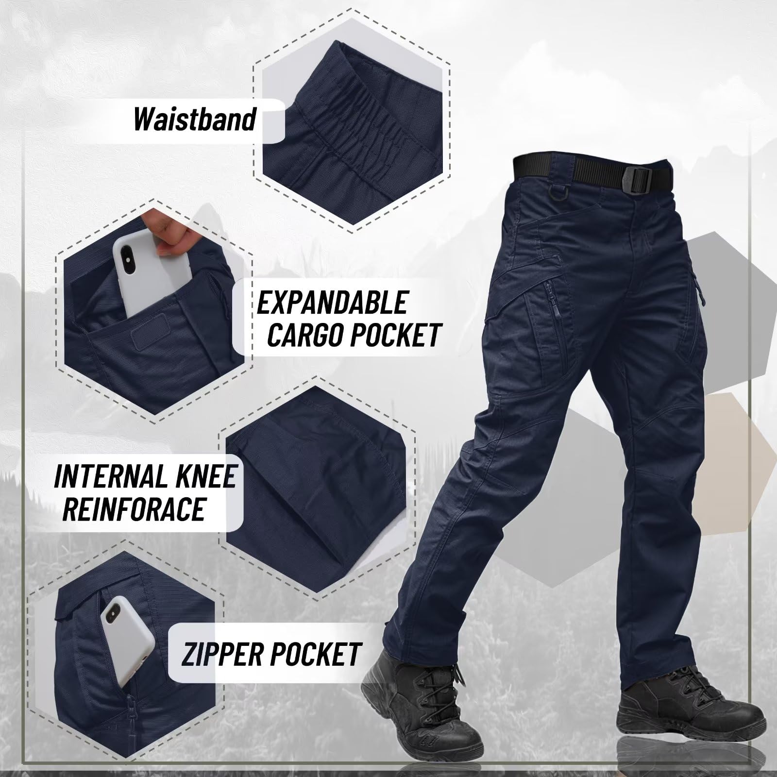 TACVASEN Military-Style Cargo Pants Waterproof Hiking Pants Men Breathable Combat Pants Shooting Pants Men Lightweight Water Resistant Pants Navy