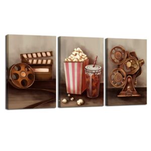 sechars - extra large 3 piece painting wall art film reels popcorn filmmaking canvas art modern movie theater media room decor (24x36inchesx3pcs)