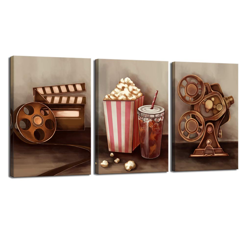 sechars - Extra Large 3 Piece Painting Wall Art Film Reels Popcorn Filmmaking Canvas Art Modern Movie Theater Media Room Decor (24x36inchesx3pcs)