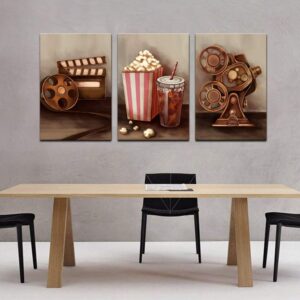 sechars - Extra Large 3 Piece Painting Wall Art Film Reels Popcorn Filmmaking Canvas Art Modern Movie Theater Media Room Decor (24x36inchesx3pcs)