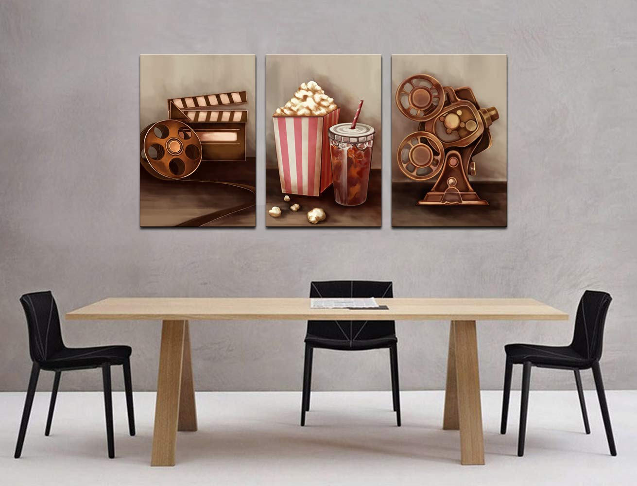 sechars - Extra Large 3 Piece Painting Wall Art Film Reels Popcorn Filmmaking Canvas Art Modern Movie Theater Media Room Decor (24x36inchesx3pcs)