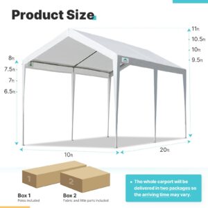 ADVANCE OUTDOOR Adjustable 10x20 ft Heavy Duty Carport Car Canopy Garage Boat Shelter Party Tent, Adjustable Height from 9.5 ft to 11 ft, White