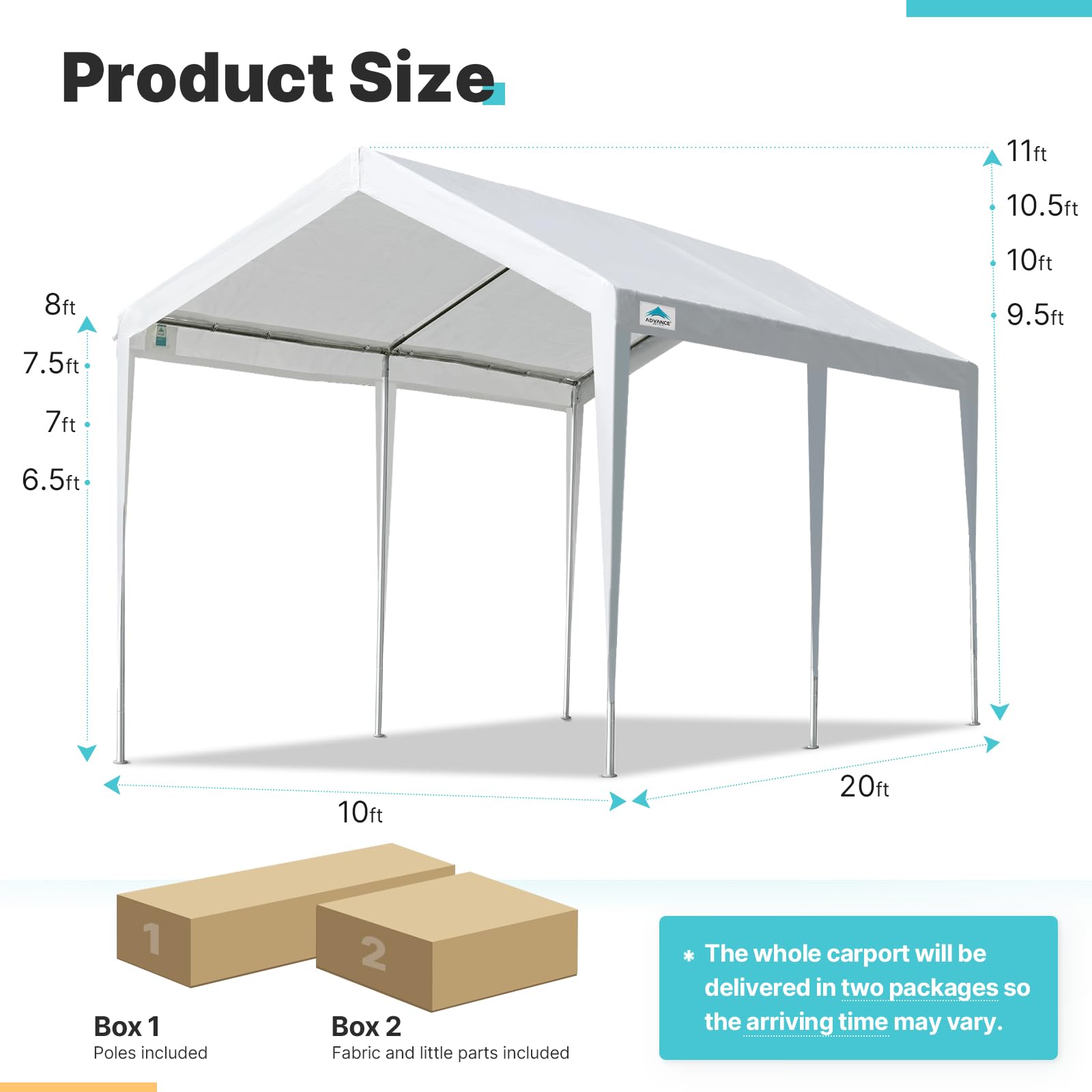 ADVANCE OUTDOOR Adjustable 10x20 ft Heavy Duty Carport Car Canopy Garage Boat Shelter Party Tent, Adjustable Height from 9.5 ft to 11 ft, White