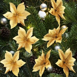 WILLBOND Glitter Christmas Tree Ornaments Artificial Wedding Christmas Poinsettia Flowers for Christmas Flowers Tree Wreaths Decor Ornament (30, Gold 1)