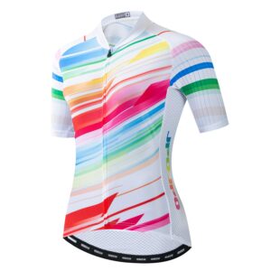 weimostar women's cycling jersey short sleeve bike biking shirts full zipper bicycle tops cycling clothes pockets reflective rainbow white size xxl