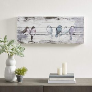 madison park perched birds wall art living room décor - hand painted wood plank, home accent farmhouse bathroom decoration white/grey,30"w x 12"h x 1.5"d