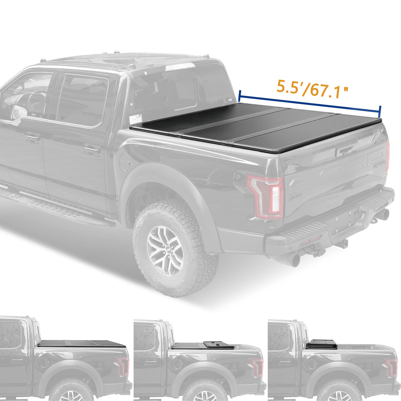 Lyon Cover 5.5' / 67.1" Hard Tri-Fold Truck Pickup Bed for 2015-2024 F150 Tonneau Cover | LED Lamp | 3 Years Warranty |