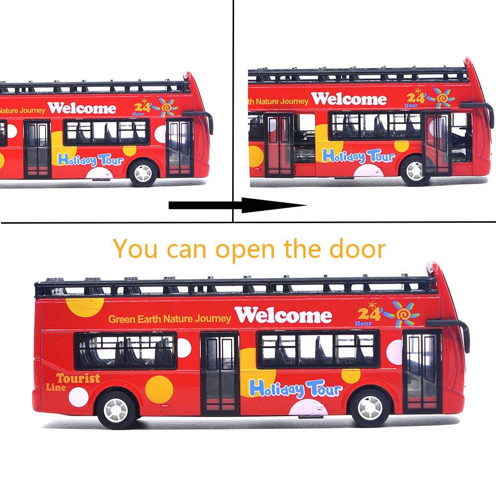 Ailejia City Bus Sightseeing Double Decker Bus Model Open Top Pull Back Toy Die Cast Pull Back Vehicles Mini Model Car Lights and Music (Red)