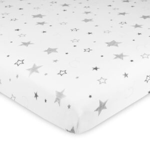 tl care fitted mini crib sheet 24" x 38", soft breathable neutral 100% cotton jersey portable sheet, super stars, for boys and girls, fits most pack n play and mini crib mattresses