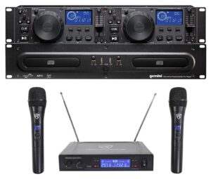 gemini cdx-2250i pro dj dual two deck rack mount cd/mp3 media player w/usb bundle with rockvilie rwm1203vhwireless dual handheld microphone system/digital display