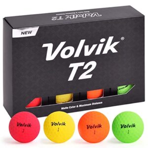 volvik t2 ionomer polymer low side spin matte finished long distance balls 2-pieces, 1 dozen (multicolor)