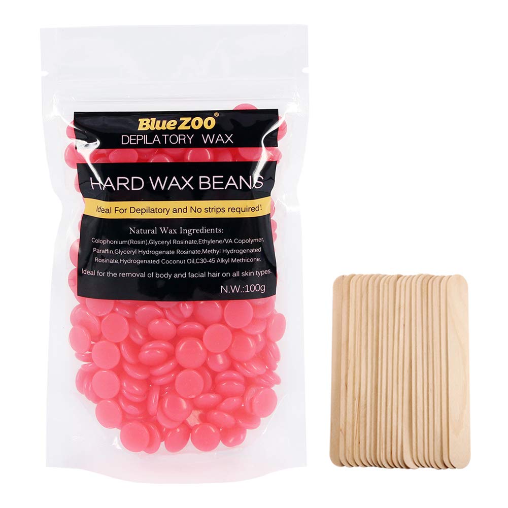 Vtrem 100g Hard Wax Beans Painless Hair Removal kit with 20pcs Wax Spatulas Strawberry Flavor Solid Depilatory Wax for Face, Eyebrow, Back, Chest, Bikini Areas, Legs (Red)