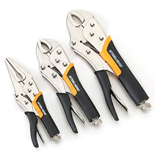 STEELHEAD 3-Piece Locking Pliers Set, 10-inch Curved Jaw, 7-Inch Curved Jaw & 6-1/2” Long Nose Straight Jaw, Integrated Wire Cutter, USA-Based Support