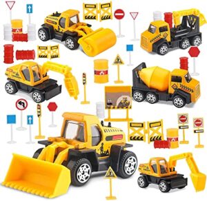 toy life 28 pcs construction toys construction cake topper, small construction vehicles, sandbox toys for boys, small construction car truck excavator toys construction party favors gifts for boys