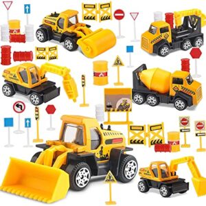 TOY Life 28 PCS Construction Toys Construction Cake Topper, Small Construction Vehicles, Sandbox Toys for Boys, Small Construction Car Truck Excavator Toys Construction Party Favors Gifts for Boys