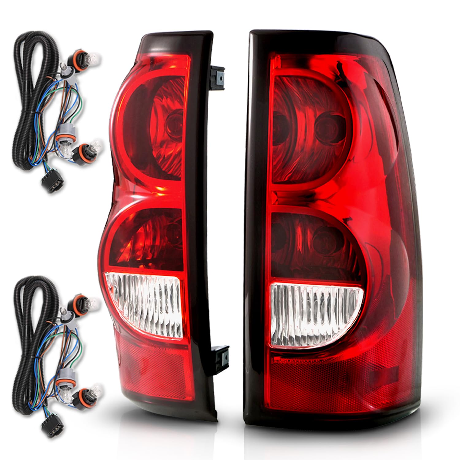 AmeriLite for 2003-2006 Chevy Silverado OE Style Ruby Red Replacement Taillights Rear Brake Lamp Set with Incandescent Bulbs and Harness Vehicle Light Assembly - Passenger and Driver Side