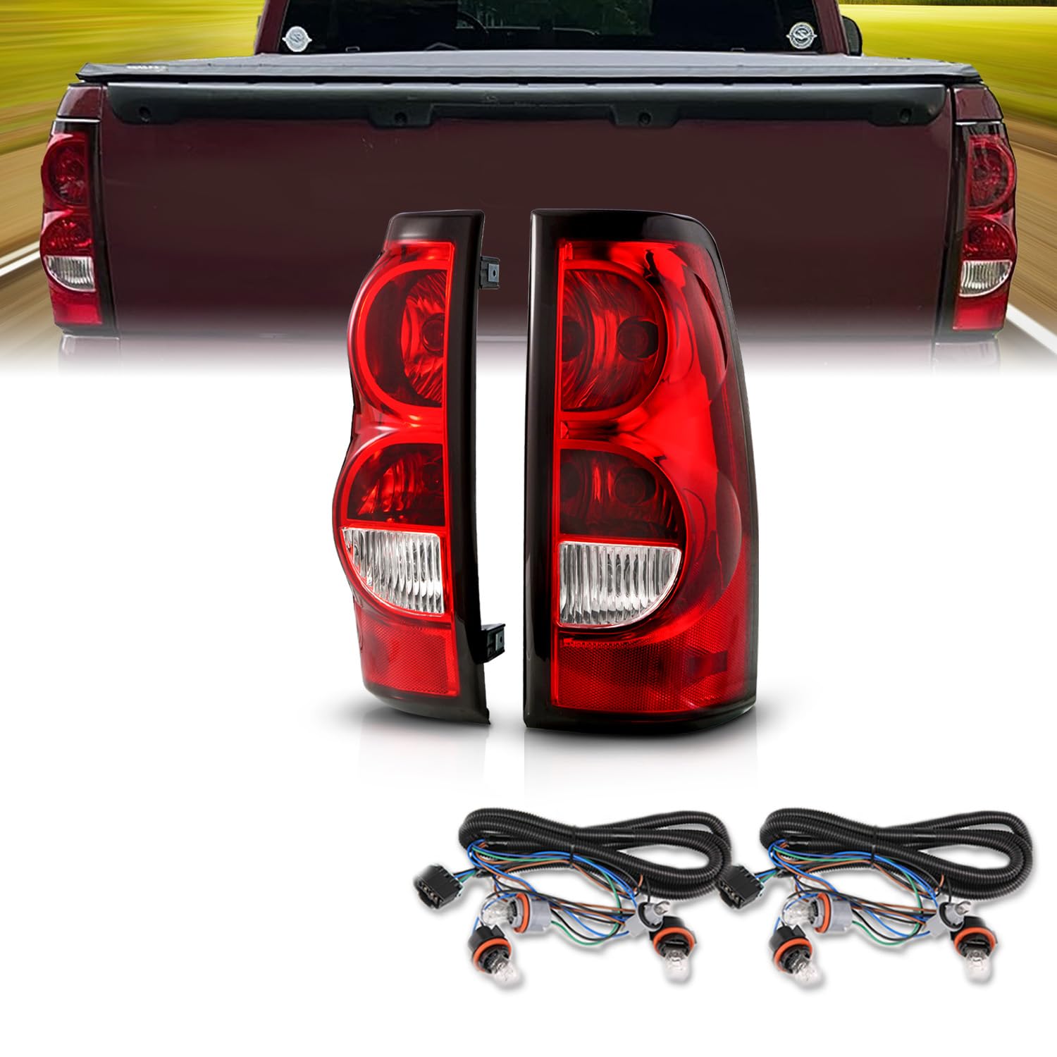 AmeriLite for 2003-2006 Chevy Silverado OE Style Ruby Red Replacement Taillights Rear Brake Lamp Set with Incandescent Bulbs and Harness Vehicle Light Assembly - Passenger and Driver Side