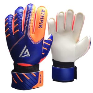 athpik soccer goalie gloves, junior indoor & outdoor goalkeeper gloves with finger spines protection and strong grip for kids, youth, girls and boys(blue,size 6)