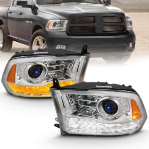 amerilite halogen, led, projector car headlights for 2009-2018 dodge ram 1500 2500 3500 tube switchback white & amber parking turn signal, vehicle light assembly, chrome with switchback led