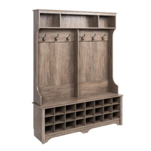 prepac drifted gray hall tree with bench and shoe storage, 60"w x 77"h x 15.5"d - 24 shoe cubby, mudroom bench with storage and hooks