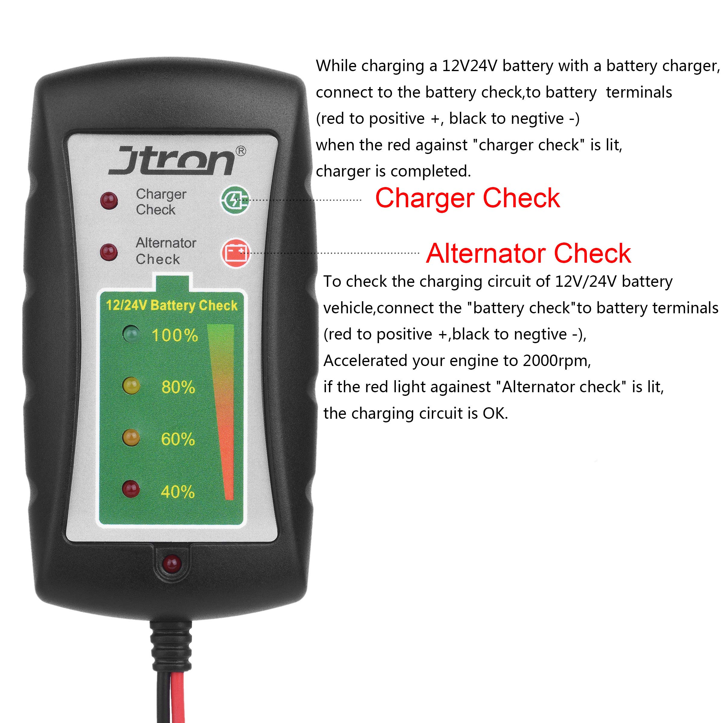 Jtron Automotive Battery Tester 12V-24V, Load Tester LED Digital Alternator Tester Analyzer Auto Motorcycle System Analyzer, 6 LED Diagnostic Tool Repair Tool Auto Battery Tester for All Batteries