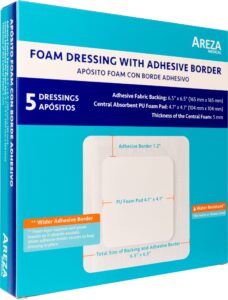 foam wound dressing with adhesive border 6.5" x 6.5" central foam: 4.1" x 4.1" thickness 5 mm 5 per box by areza medical