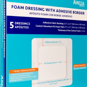 Foam Wound Dressing with Adhesive Border 6.5" x 6.5" Central Foam: 4.1" x 4.1" Thickness 5 mm 5 per Box by Areza Medical