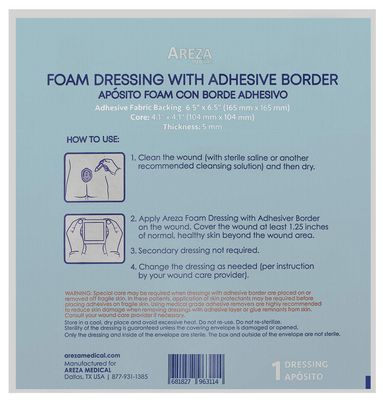 Foam Wound Dressing with Adhesive Border 6.5" x 6.5" Central Foam: 4.1" x 4.1" Thickness 5 mm 5 per Box by Areza Medical