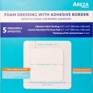 Foam Wound Dressing with Adhesive Border 6.5" x 6.5" Central Foam: 4.1" x 4.1" Thickness 5 mm 5 per Box by Areza Medical