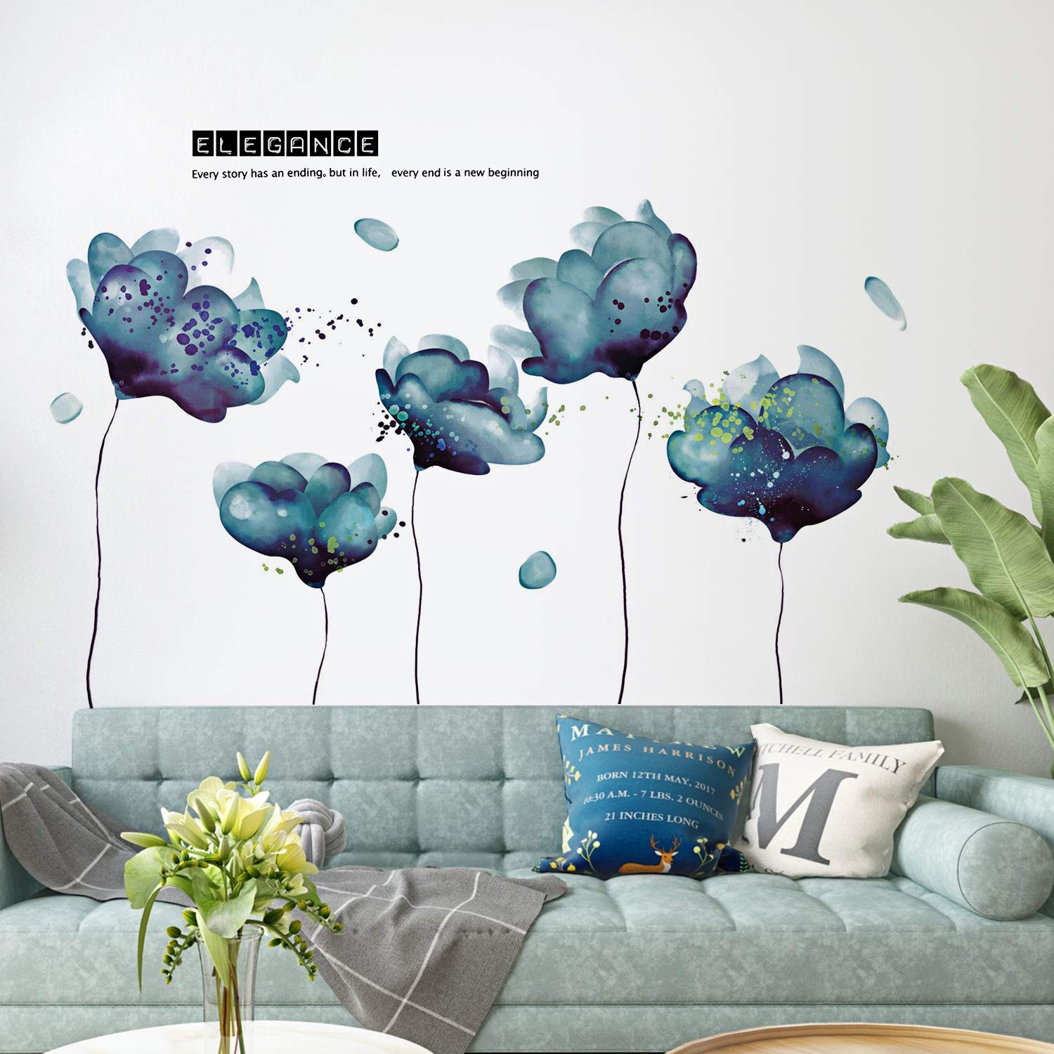 LiveGallery Removable Kids Room Wall Decoration Art Decor DIY Blue Flower Wall Decals Floral Wall Stickers Murals for Baby Bedroom Girls Boys Nursery Rooms Bathroom Living Room Wall Corner (Flower)