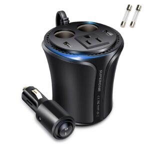 SUPERONE 150W Car Power Inverter DC 12V to 110V 120V Car AC Adapter Inverter 5-in-1 Cup Holder Design Dual USB Car Charger and 2 Car Power Adapter