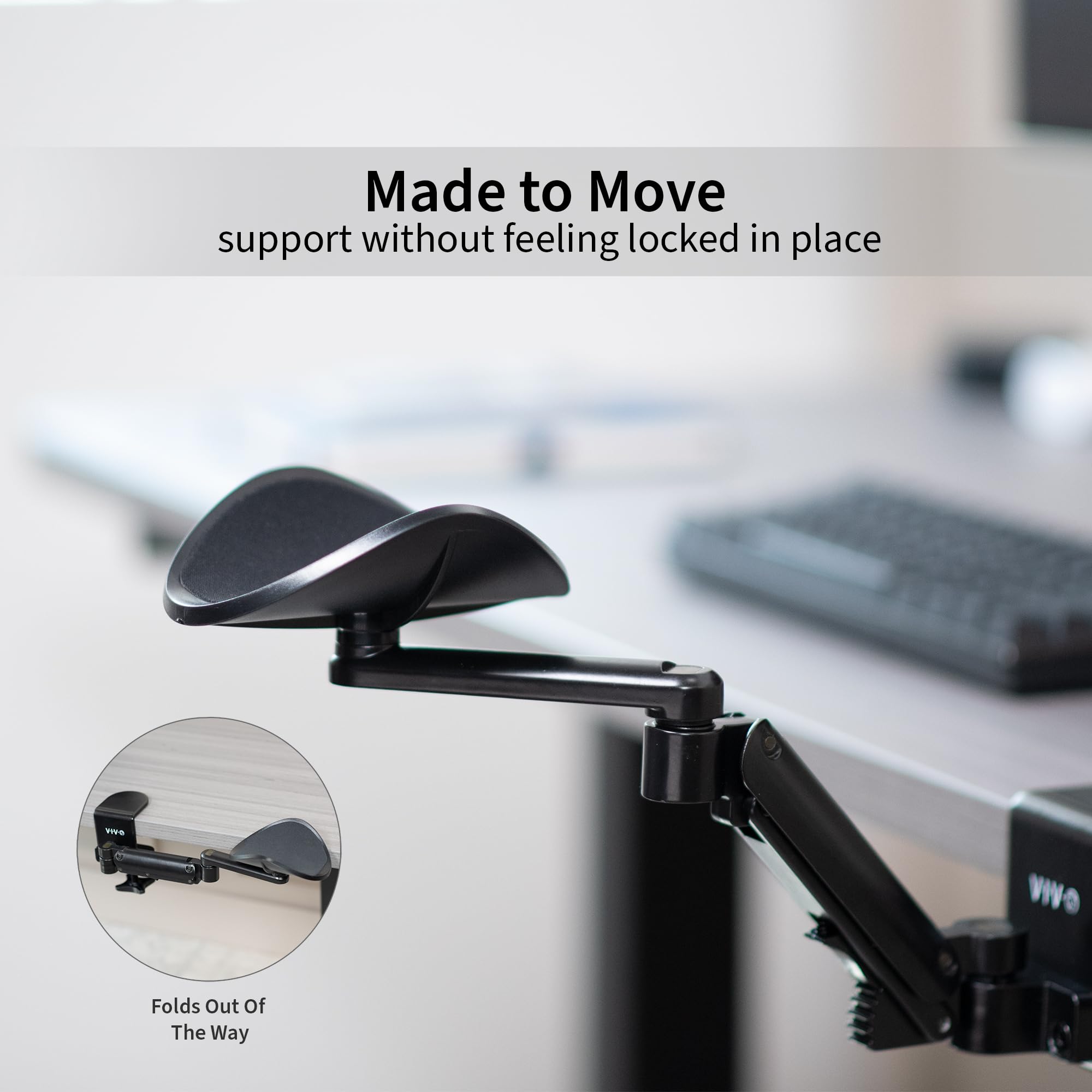 VIVO Universal Clamp-on Adjustable Armrest, Desk Cradle Rotating Elbow Cushion, Above Table Extension Platform Arm Support, Black, MOUNT-ARM01