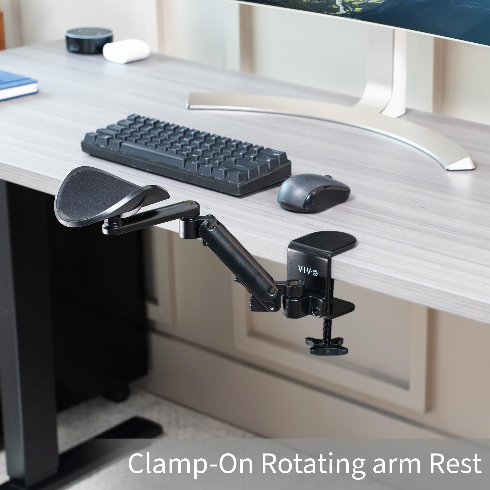 VIVO Universal Clamp-on Adjustable Armrest, Desk Cradle Rotating Elbow Cushion, Above Table Extension Platform Arm Support, Black, MOUNT-ARM01