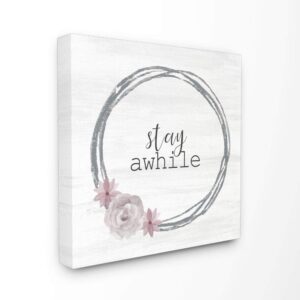 stupell industries stay awhile family home inspirational pink flower grey design xl stretched canvas wall art by kimberly allen, 30 x 1.5 x 30, multi-color