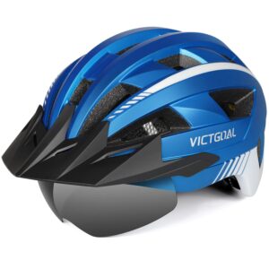 victgoal bike helmet for men women with led light detachable magnetic goggles removable sun visor mountain & road bicycle helmets adjustable size adult cycling helmets (l: 57-61 cm, metal blue)