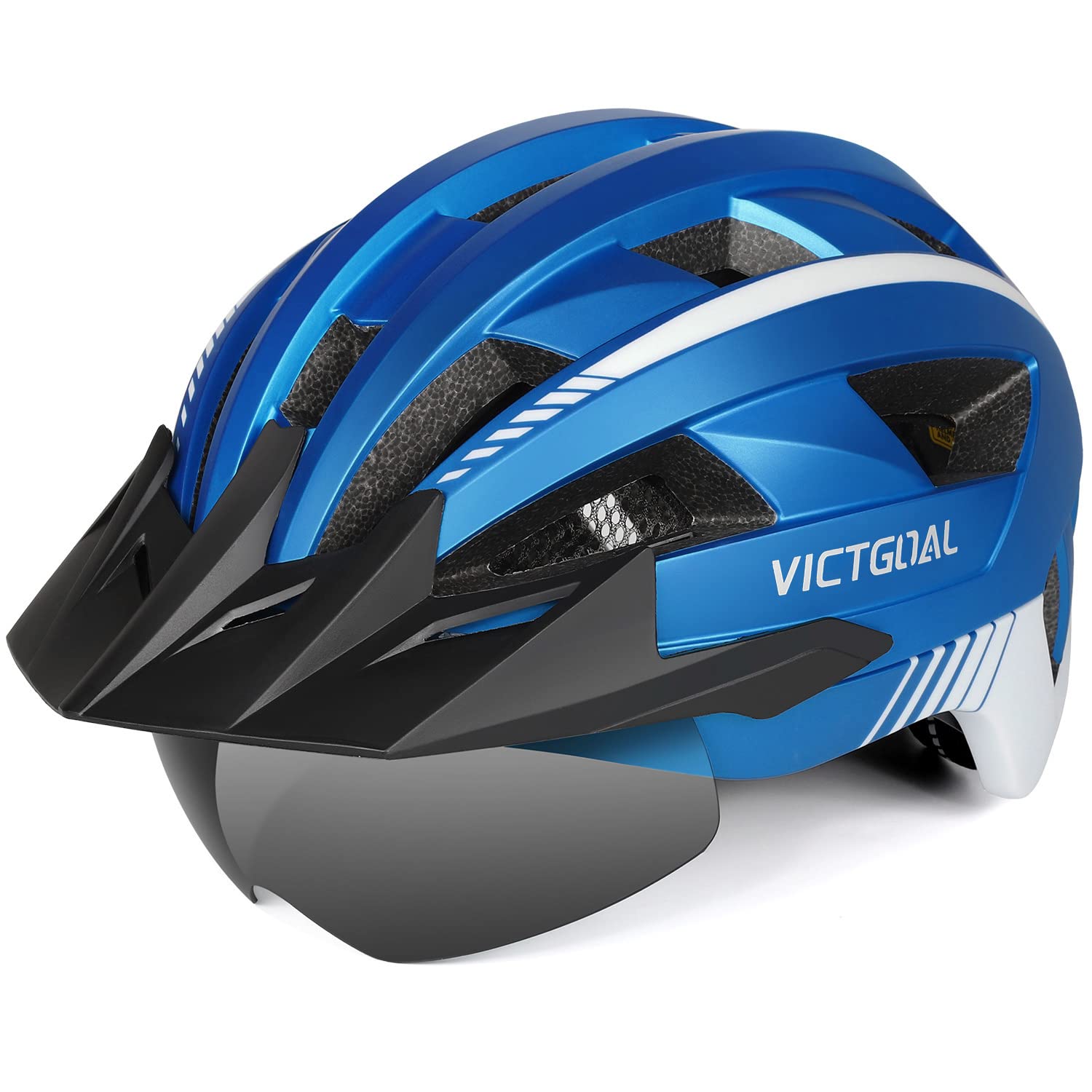 VICTGOAL Bike Helmet for Men Women with Led Light Detachable Magnetic Goggles Removable Sun Visor Mountain & Road Bicycle Helmets Adjustable Size Adult Cycling Helmets (L: 57-61 cm, Metal Blue)