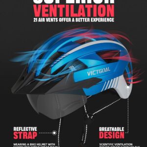 VICTGOAL Bike Helmet for Men Women with Led Light Detachable Magnetic Goggles Removable Sun Visor Mountain & Road Bicycle Helmets Adjustable Size Adult Cycling Helmets (L: 57-61 cm, Metal Blue)