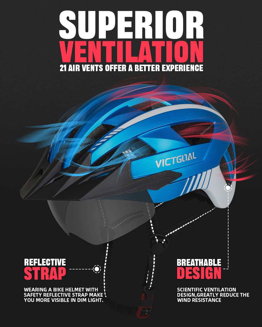 VICTGOAL Bike Helmet for Men Women with Led Light Detachable Magnetic Goggles Removable Sun Visor Mountain & Road Bicycle Helmets Adjustable Size Adult Cycling Helmets (L: 57-61 cm, Metal Blue)