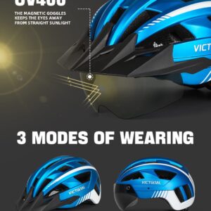 VICTGOAL Bike Helmet for Men Women with Led Light Detachable Magnetic Goggles Removable Sun Visor Mountain & Road Bicycle Helmets Adjustable Size Adult Cycling Helmets (L: 57-61 cm, Metal Blue)