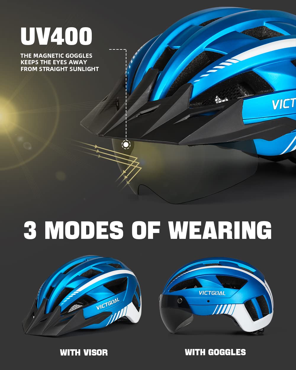 VICTGOAL Bike Helmet for Men Women with Led Light Detachable Magnetic Goggles Removable Sun Visor Mountain & Road Bicycle Helmets Adjustable Size Adult Cycling Helmets (L: 57-61 cm, Metal Blue)