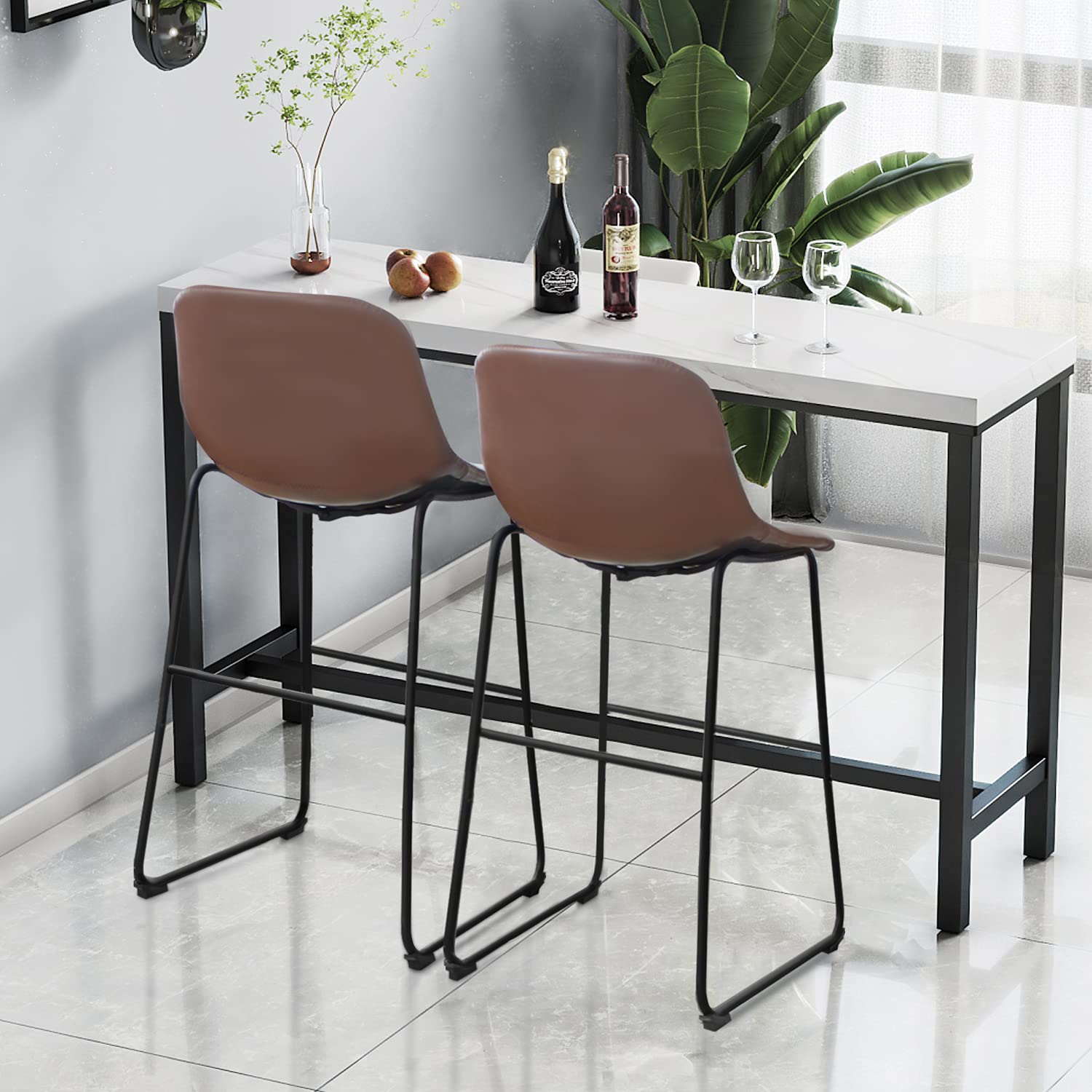 TAVR Furniture PU Leather Bar Stools with Back and Footrest Set of 2 Brown Modern Bar Stool Chair Height for Pub Coffee Home Dinning Kitchen