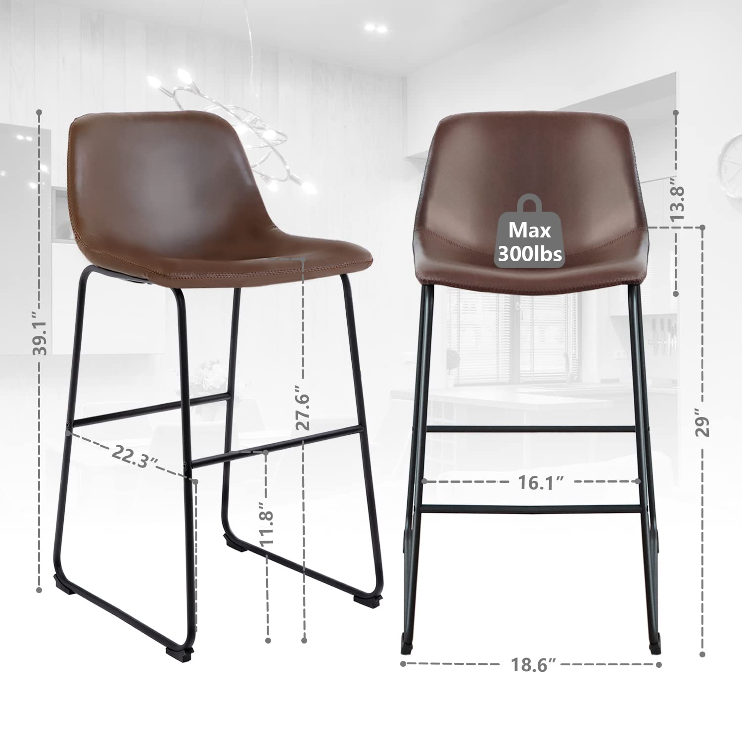 TAVR Furniture PU Leather Bar Stools with Back and Footrest Set of 2 Brown Modern Bar Stool Chair Height for Pub Coffee Home Dinning Kitchen