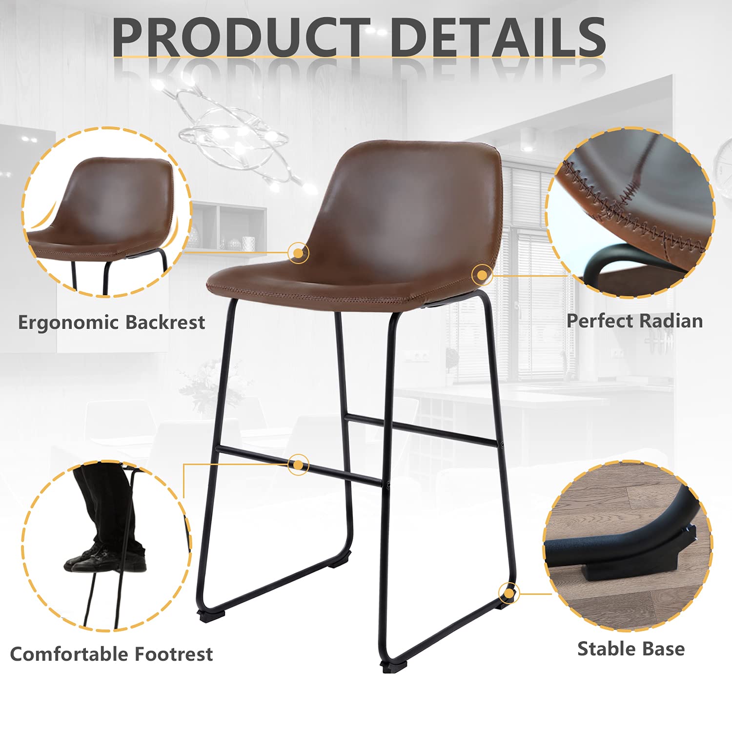 TAVR Furniture PU Leather Bar Stools with Back and Footrest Set of 2 Brown Modern Bar Stool Chair Height for Pub Coffee Home Dinning Kitchen