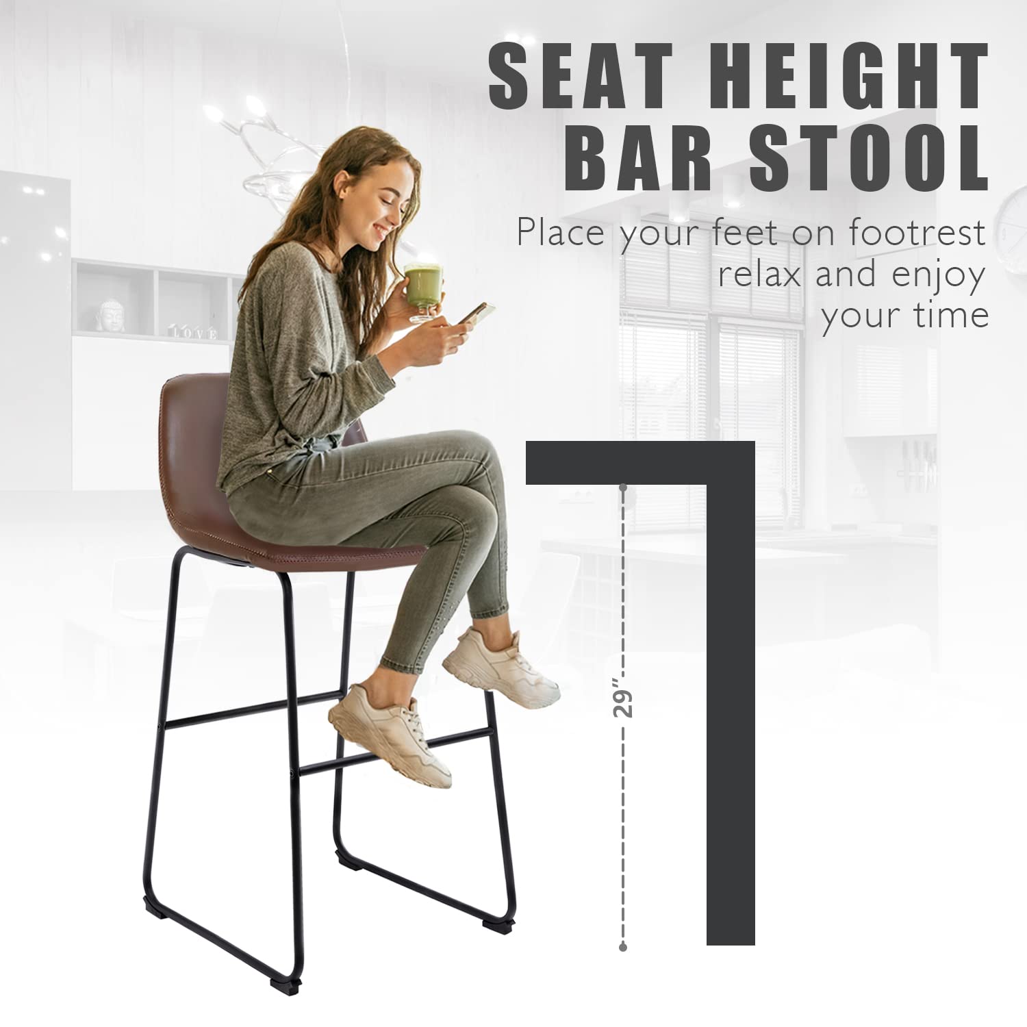 TAVR Furniture PU Leather Bar Stools with Back and Footrest Set of 2 Brown Modern Bar Stool Chair Height for Pub Coffee Home Dinning Kitchen