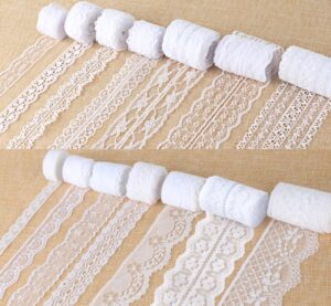 ilauke 46 yards white lace ribbon 14 rolls vintage lace trims 0.6 to 2.1 inch ribbon lace with assorted pattern for sewing, crafts, wedding ribbon, flower ribbon, 3.28 yards each